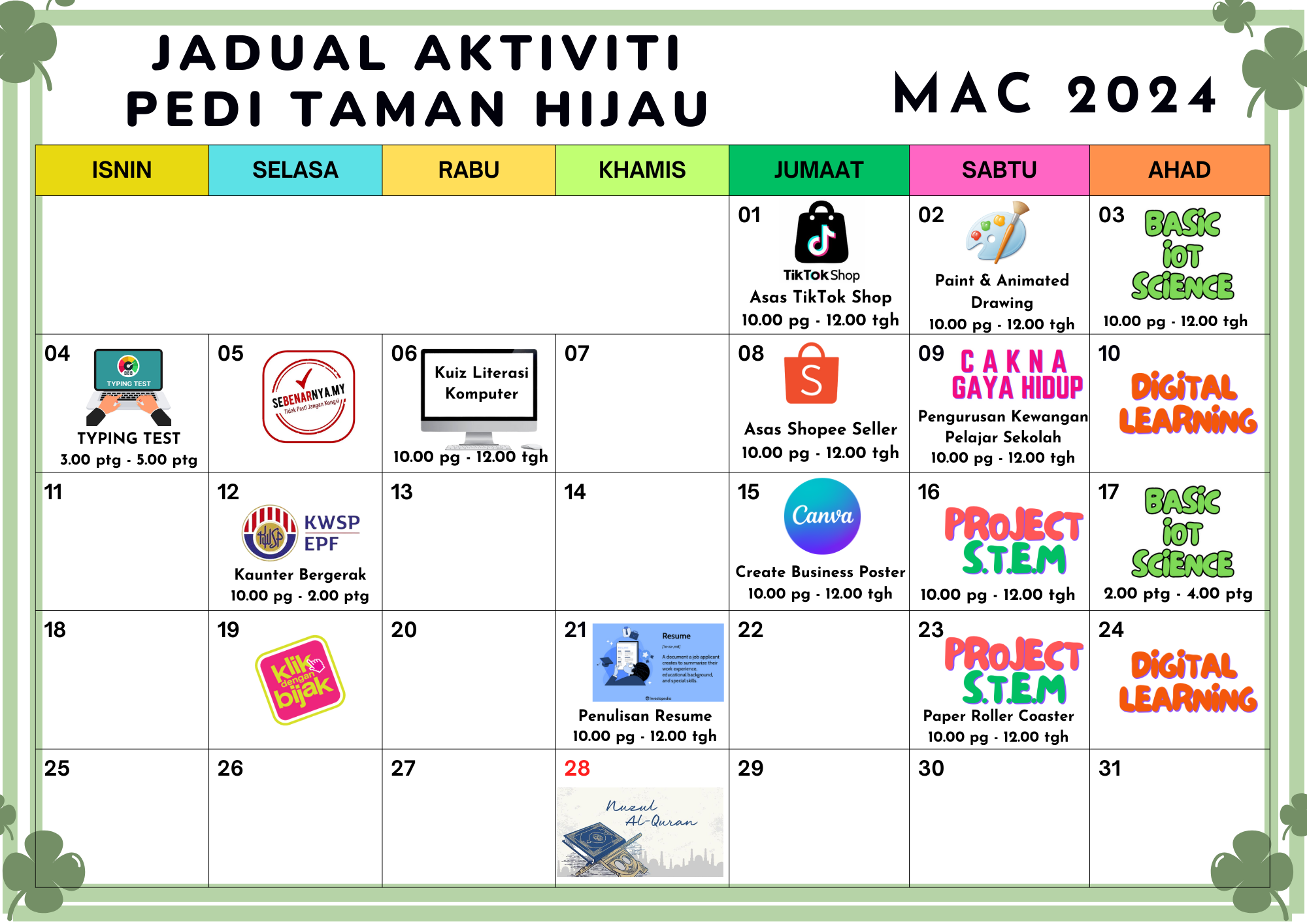 Jadual Aktiviti Bulan Mac 2024 – NADI Taman Hijau